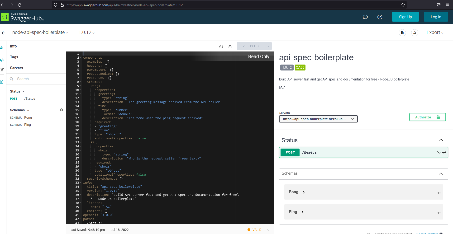 Perfect API Server - Node.JS API Spec Boilerplate | Haim Kastner